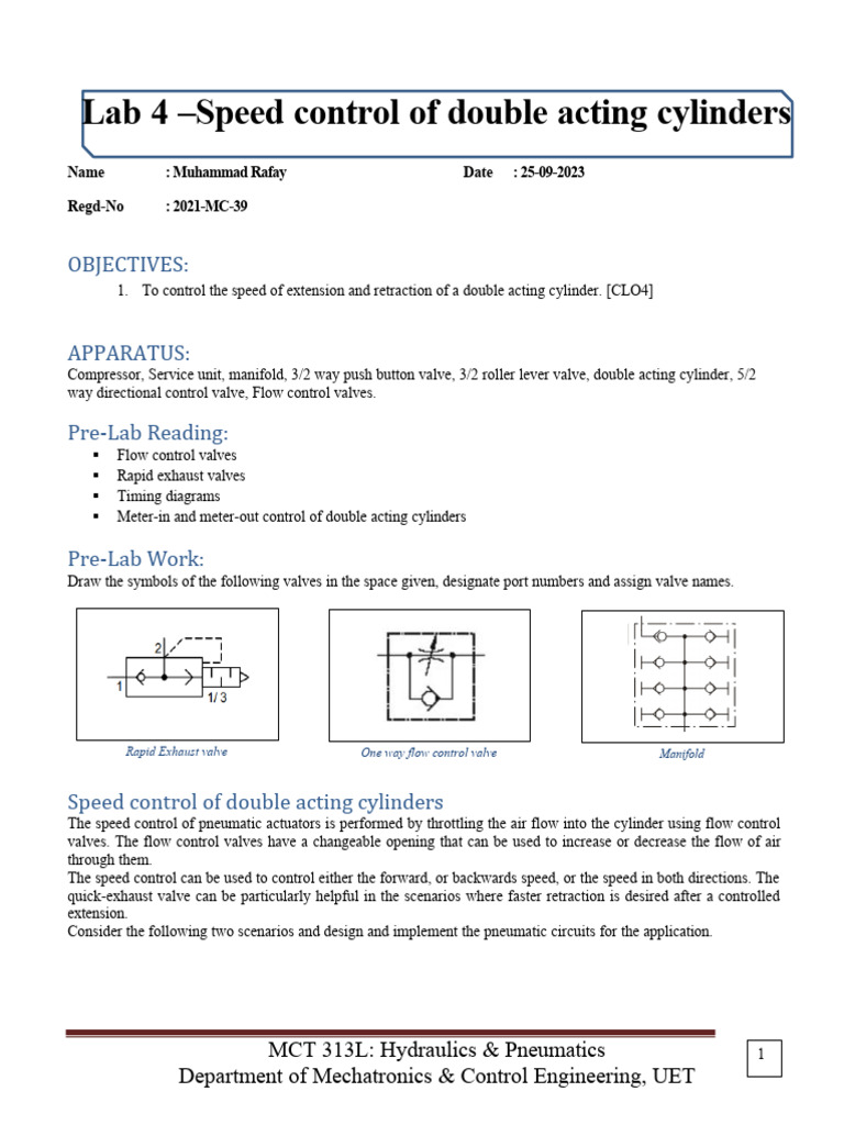 Lab No 4 - Speed Control of Double Acting Cylinders | PDF | Valve | Gas Technologies