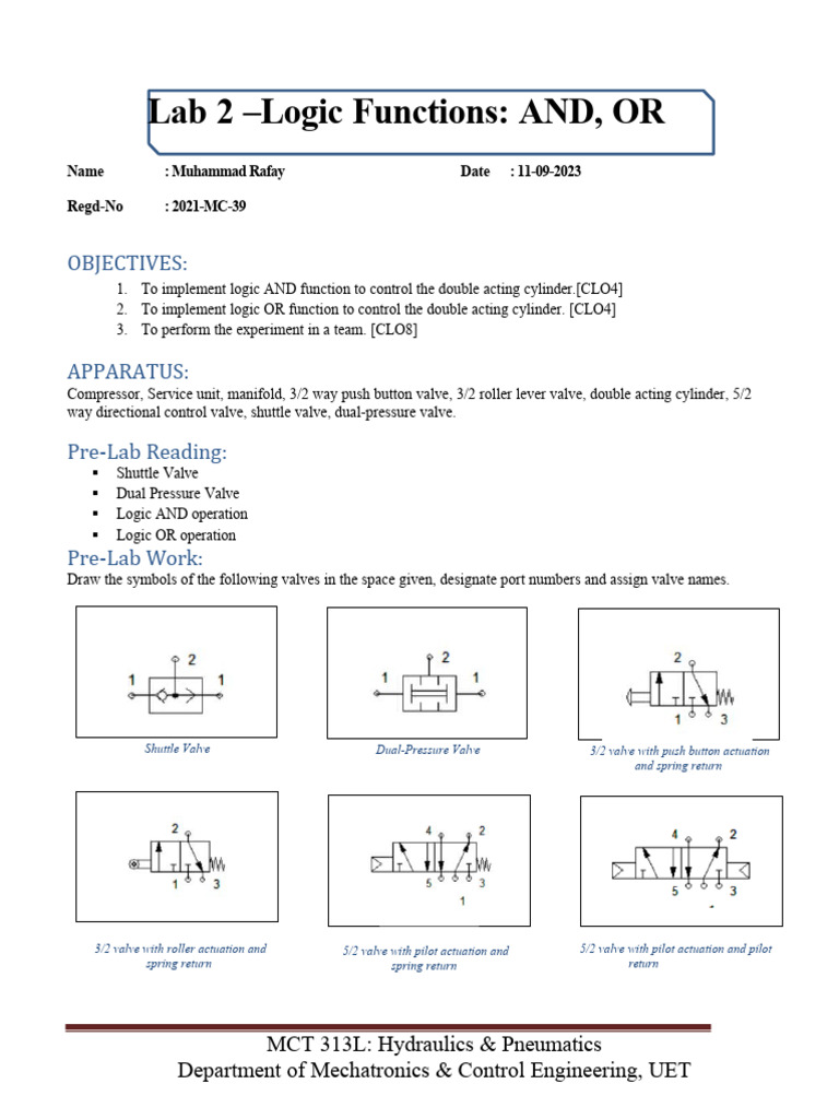 Lab No 2 - Logic Functions - AND OR | PDF | Valve | Pneumatics