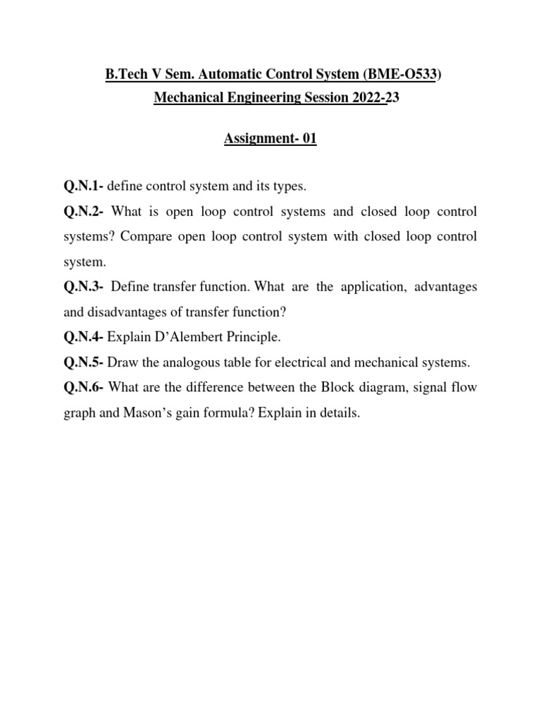 B.Tech Control Systems Assignments | PDF | Control Theory | Systems Science