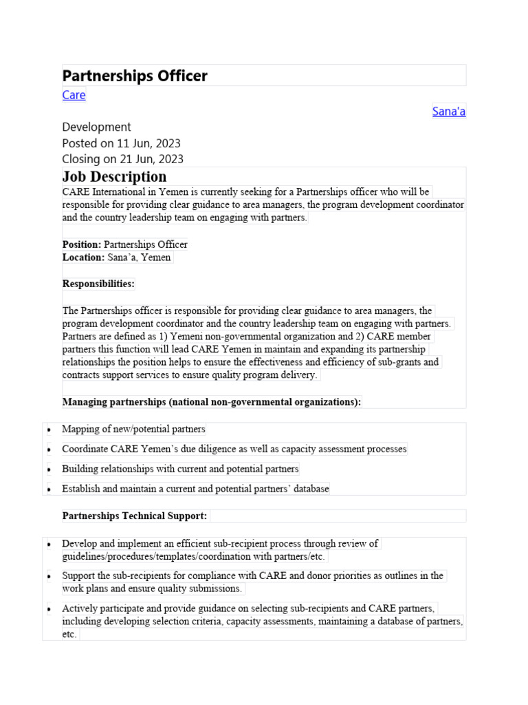 CARE Partnerships Officer | PDF | Recruitment | Business