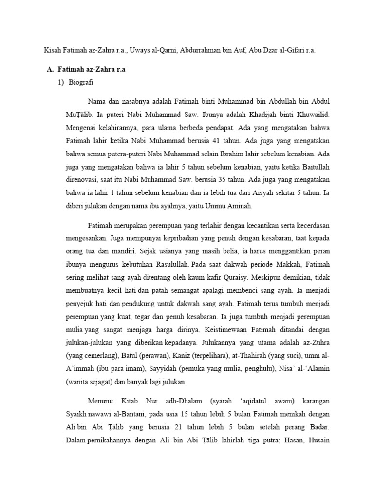 Kisah Fatimah Az-Zahra R.a., Uways Al-Qarni, Abdurrahman Bin Auf, Abu Dzar Al-Gifari R.A | PDF