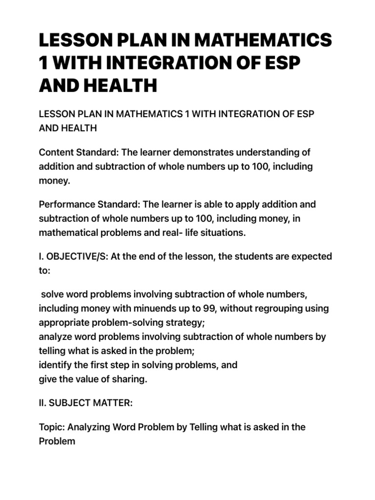 Lesson Plan in Mathematics 1 With Integration of Esp and Health | PDF | Cognitive Science ...