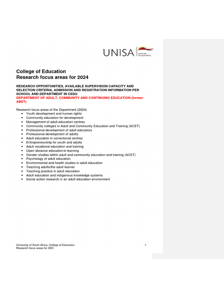 Unisa CEDU Research Focus Areas 2024 | PDF | Academic Degree | Master's Degree