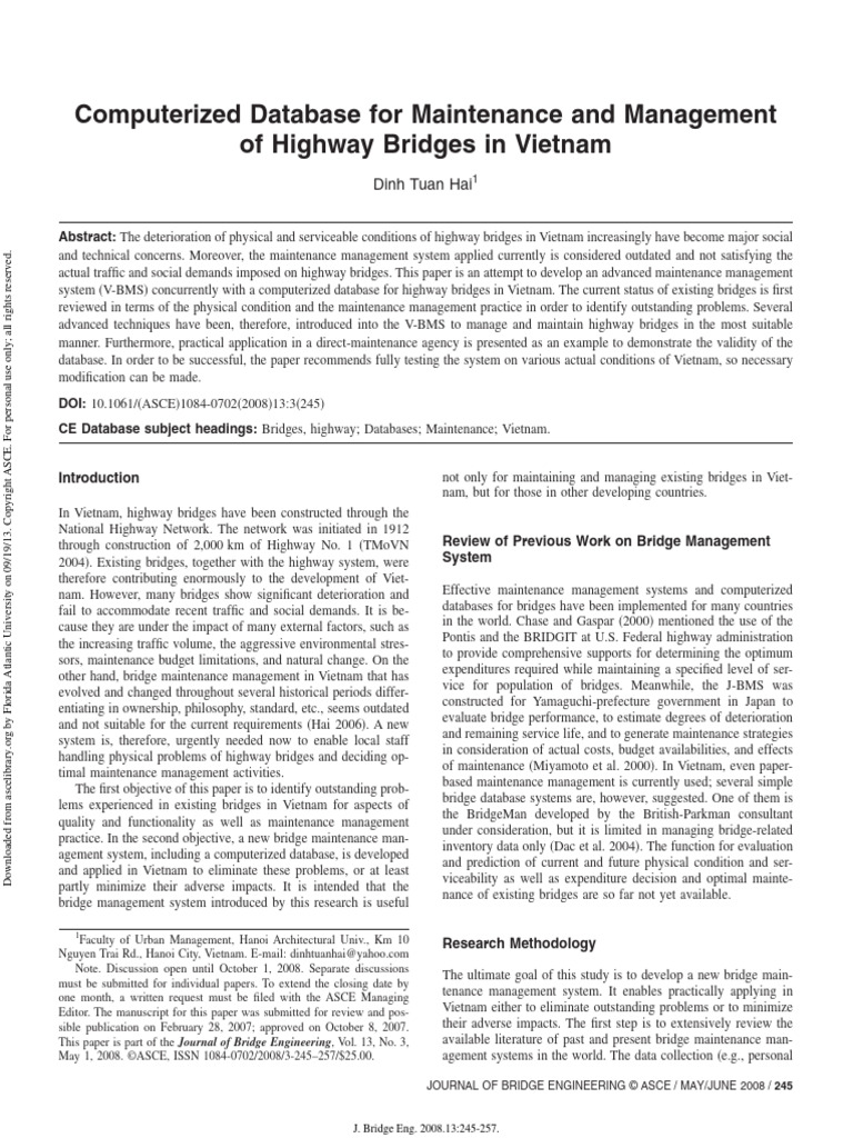 Computerized Database For Maintenance and Management of Highway Bridges in Vietnam | PDF ...