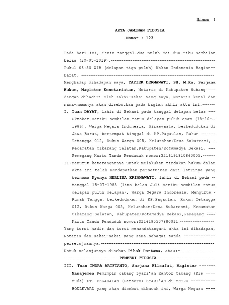Minuta Fidusia Pegadaian (Dayat) 07052019 | PDF | Bisnis