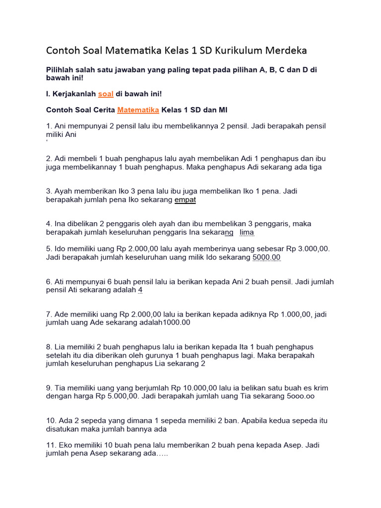 Contoh Soal Matematika Kelas 1 SD Kurikulum Merdeka | PDF