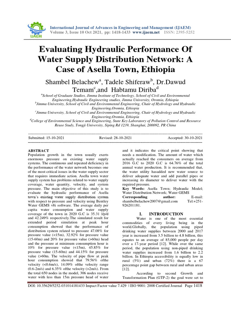 Evaluating Hydraulic Performance of Water Supply Distribution Network A ...