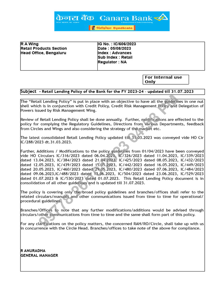 Retail Lending Policy | PDF | Banks | Loans