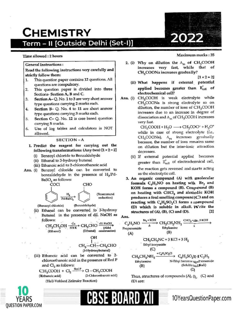 Cbse Class 12 Chemistry 2022 Paper | PDF