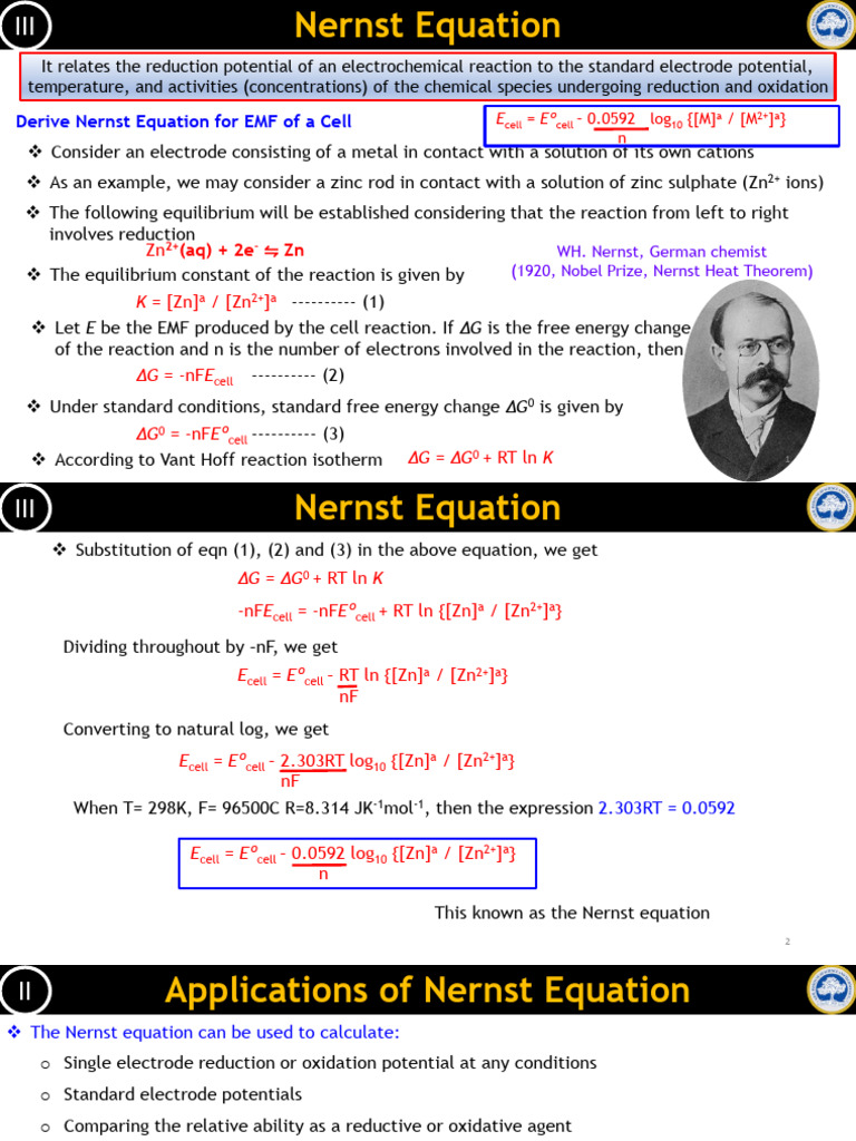 Deriving the Nernst Equation for EMF | PDF | Electrochemistry | Redox
