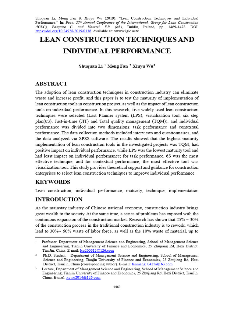 Li Et Al. 2019 - Lean Construction Techniques and Individual Performance | PDF | Cronbach's ...