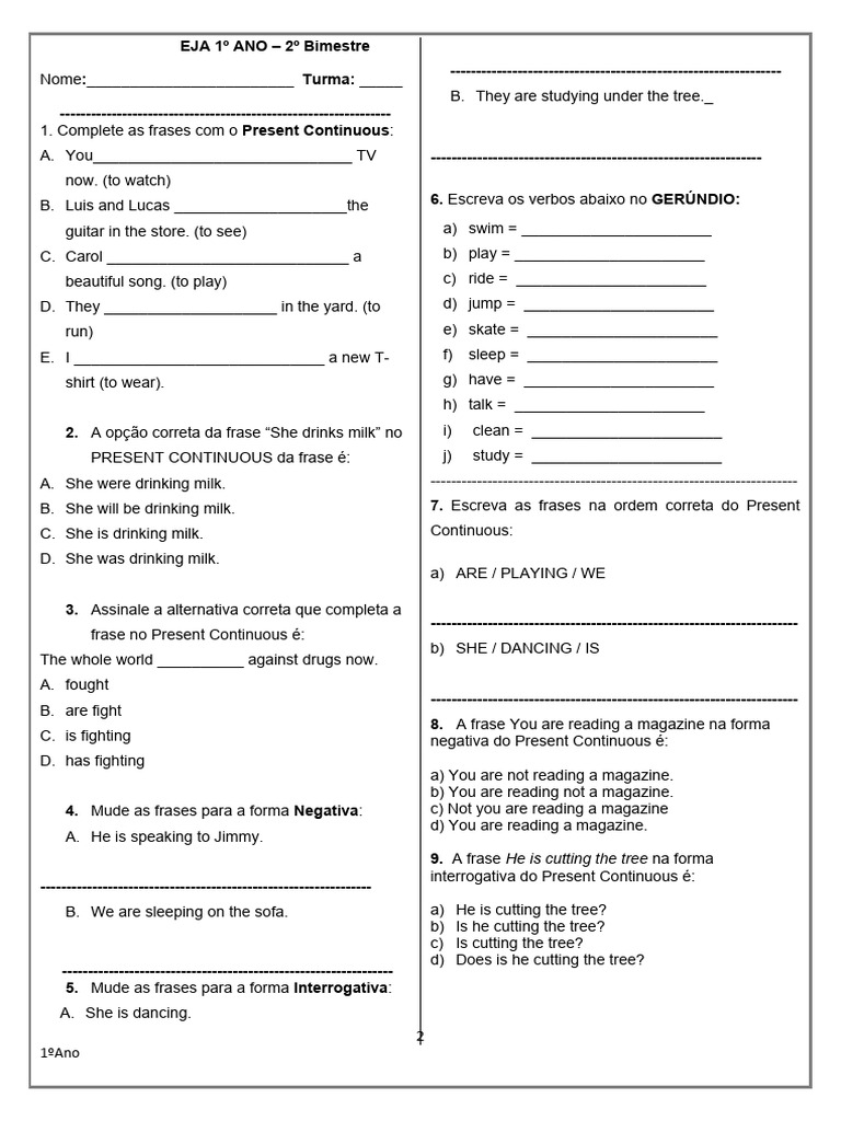 Present Cont Prova 2B 1 | PDF