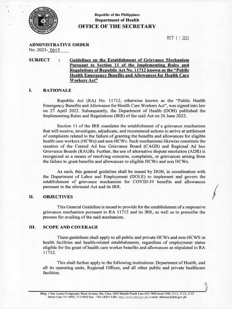 DOH AO No. 2023-0017 | PDF | Alternative Dispute Resolution | Employment
