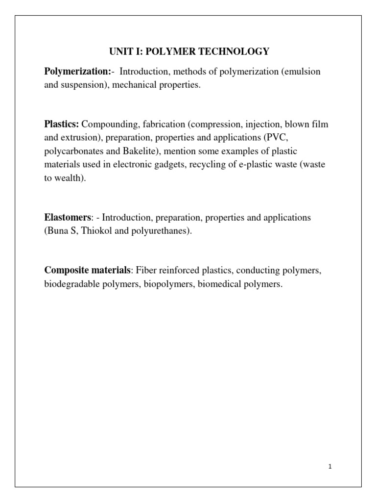 UNIT I Polymer Technology | PDF | Polymers | Fibers