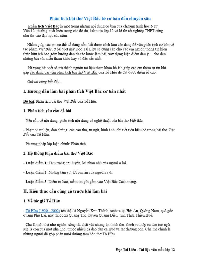 Phan Tich Bai Tho Viet Bac Tu Co Ban Den Chuyen Sau | PDF