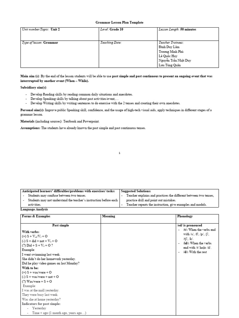 Grammar Lesson Plan LTT Group PDF Grammatical Tense Lesson Plan