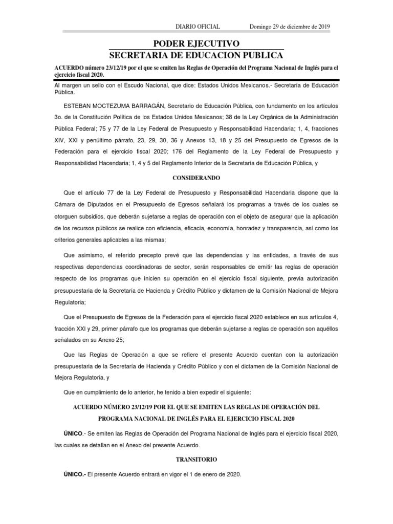 OJ-A22 ACUERDO Numero 231219 Por El Que Se Emiten Las Reglas de Operacion Del Programa Nacional ...
