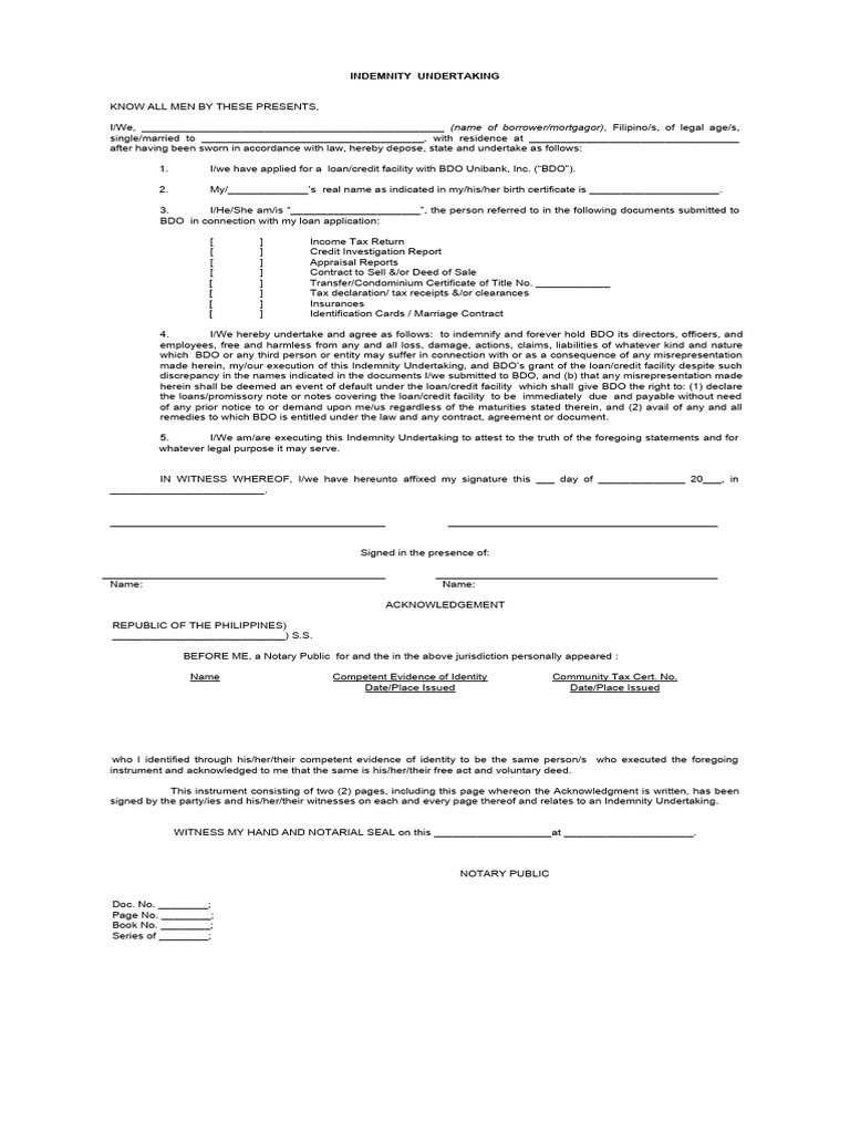Indemnity Undertaking | PDF | Indemnity | Credit