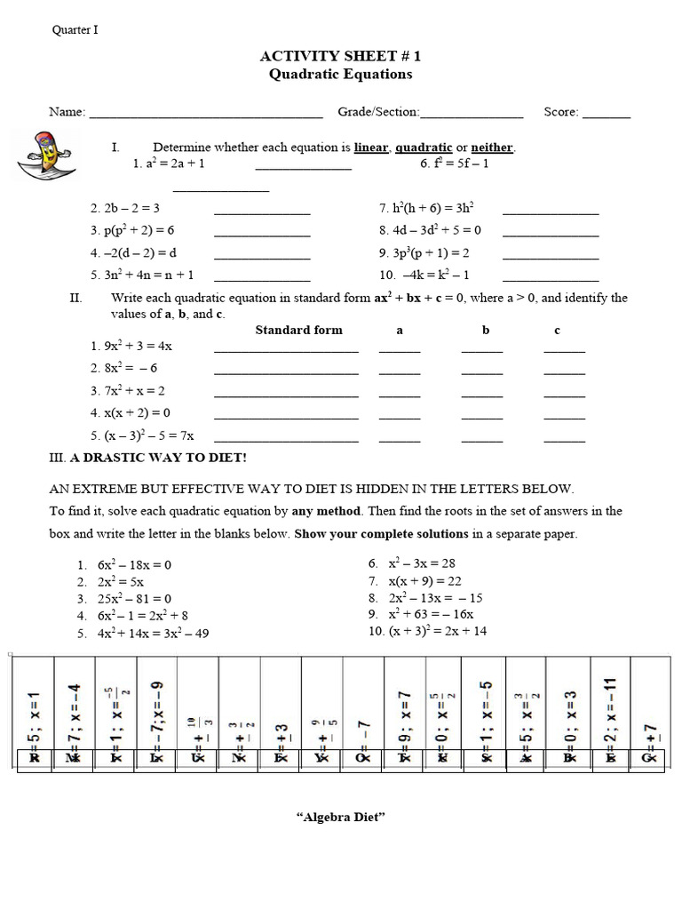 Quadratic Equations Activity Sheet | PDF | Quadratic Equation | Equations