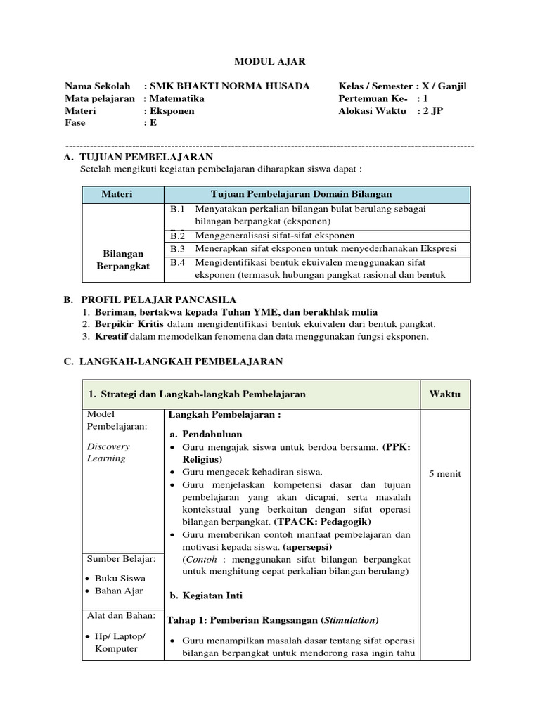 Modul Ajar Matematika - Modul Ajar Eksponen Teka-Teki - Fase E | PDF