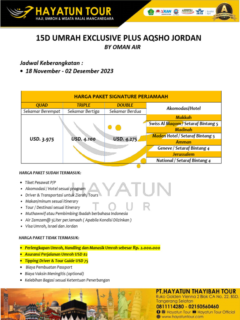 Itinerary 15D Umrah Exclusive Plus Aqsha 18 Nov 23 | PDF