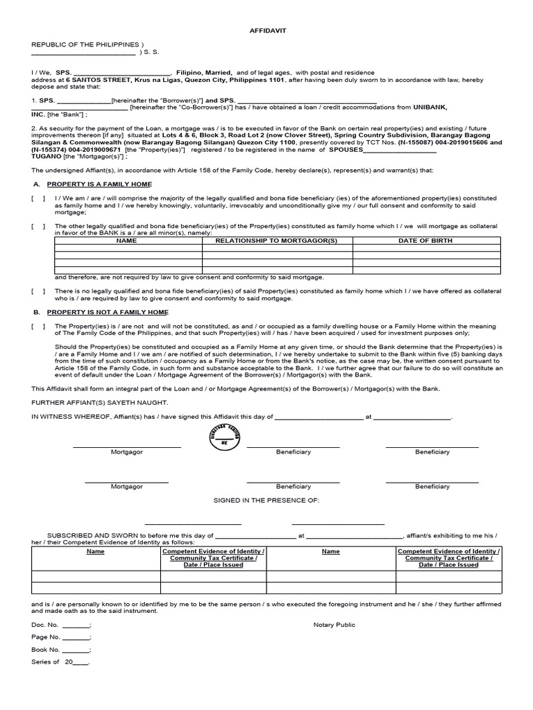 Affidavit of Family Home | PDF | Affidavit | Mortgage Law