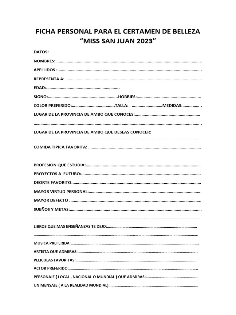 Ficha Personal para El Certamen de Belleza | PDF