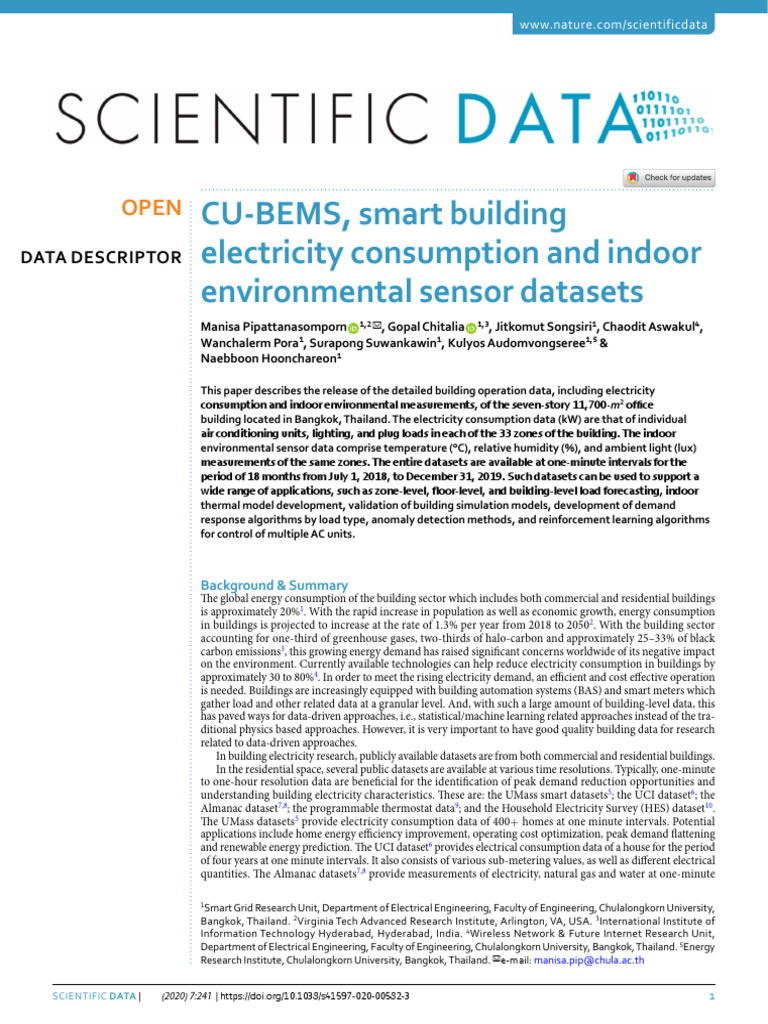 CU-BEMS, Smart Building Electricity Consumption and Indoor Environmental Sensor Datasets | PDF ...