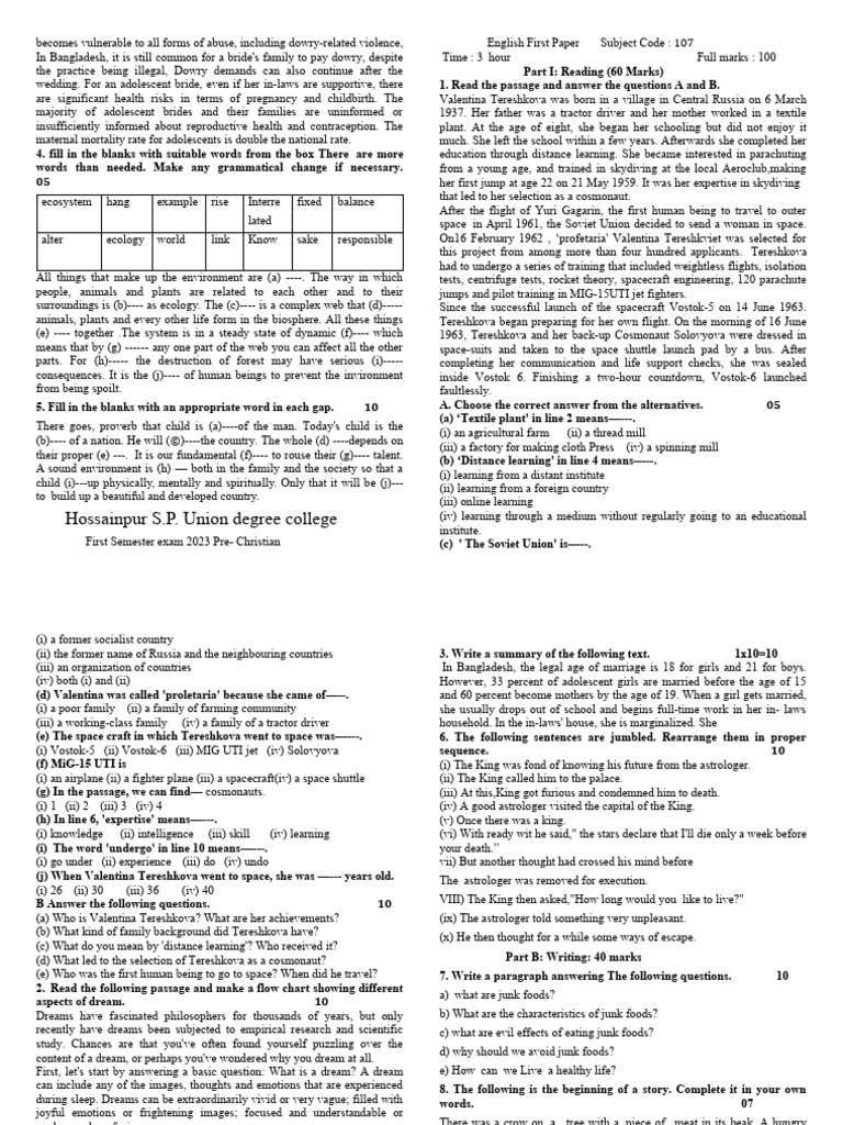 English First Paper | Download Free PDF | Dream