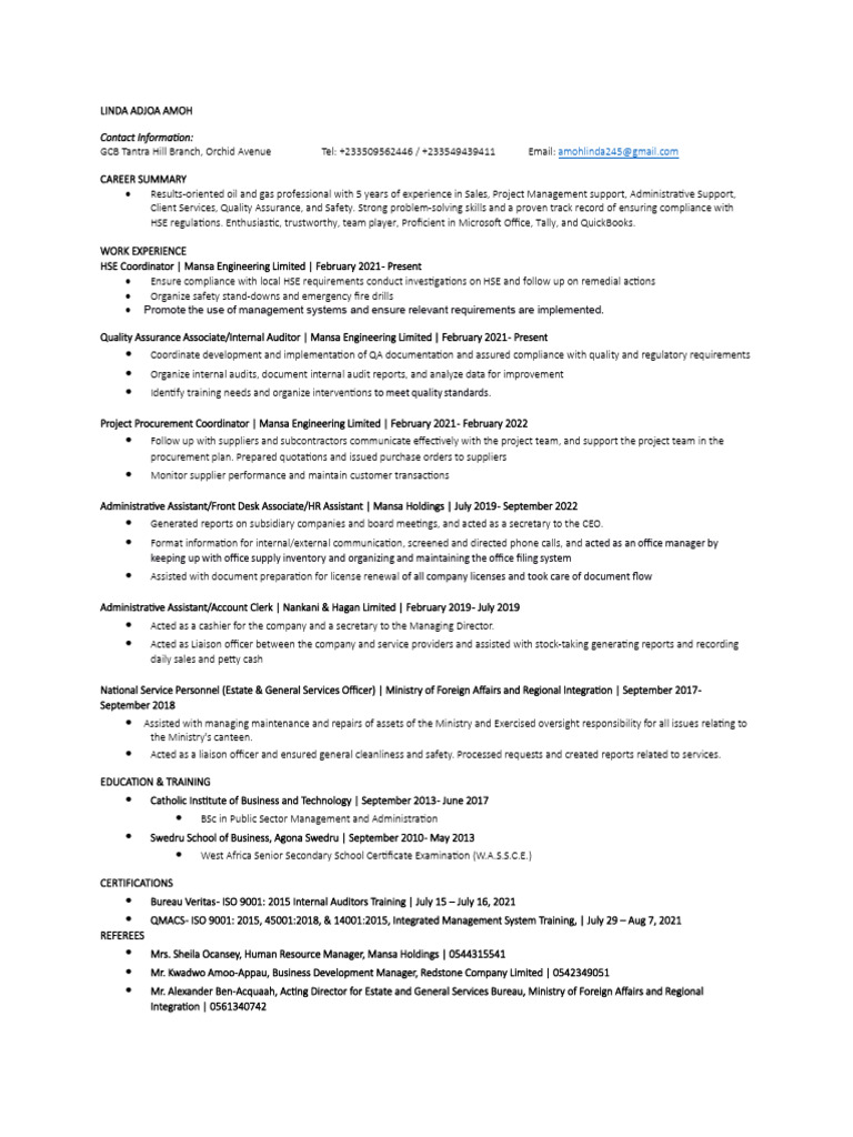Curriculum Vitae - Linda Adjoa Amoh | PDF | Internal Audit | Regulatory Compliance