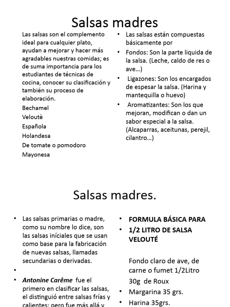Clasificación y recetas de salsas madres | PDF | Salsa | Ingredientes ...