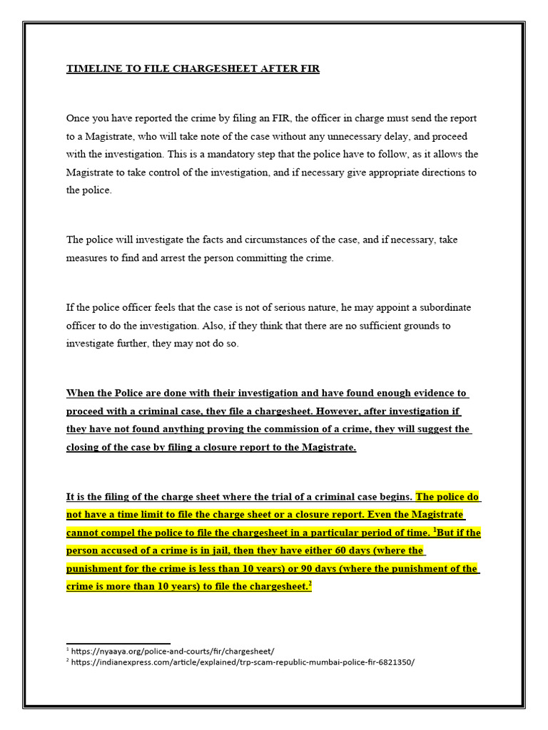 Timeline To File Chargesheet After Fir | PDF | Bail | Police