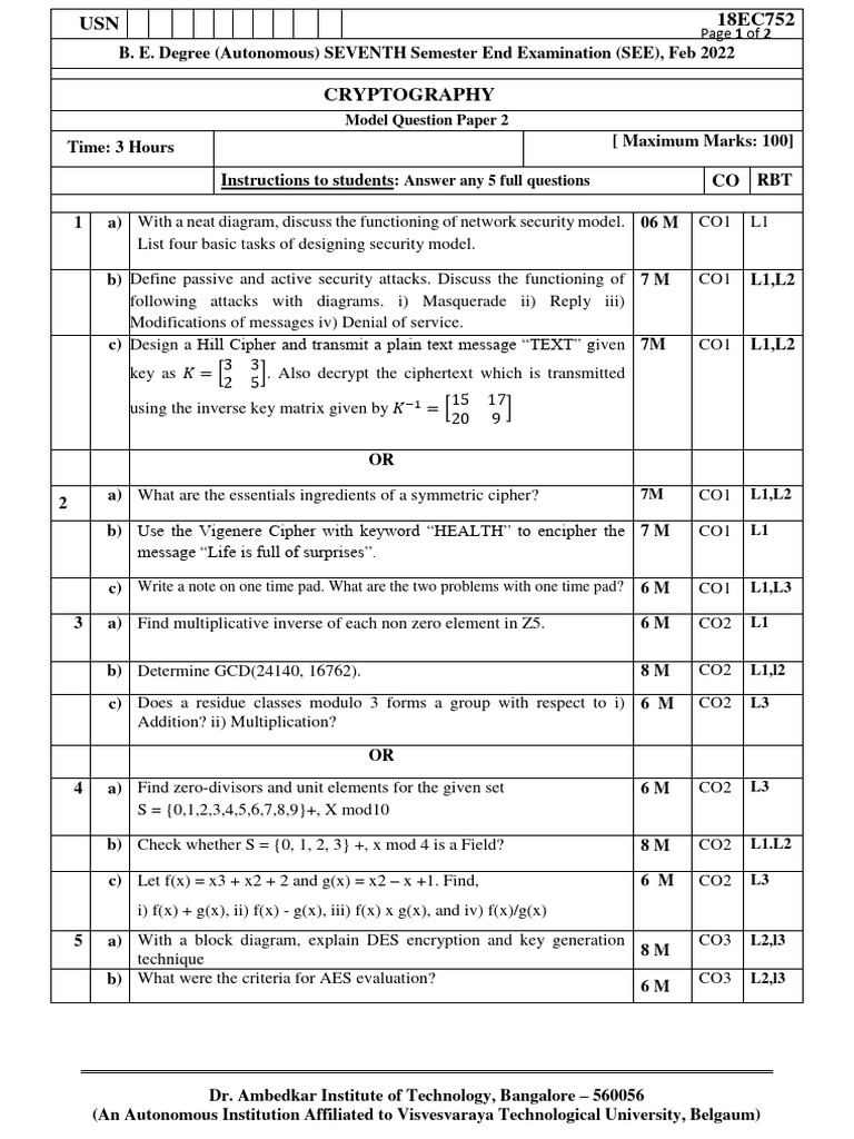 18EC752 - Crypto - Model QP - 2 - 2021-22 | PDF | Encryption | Cryptography