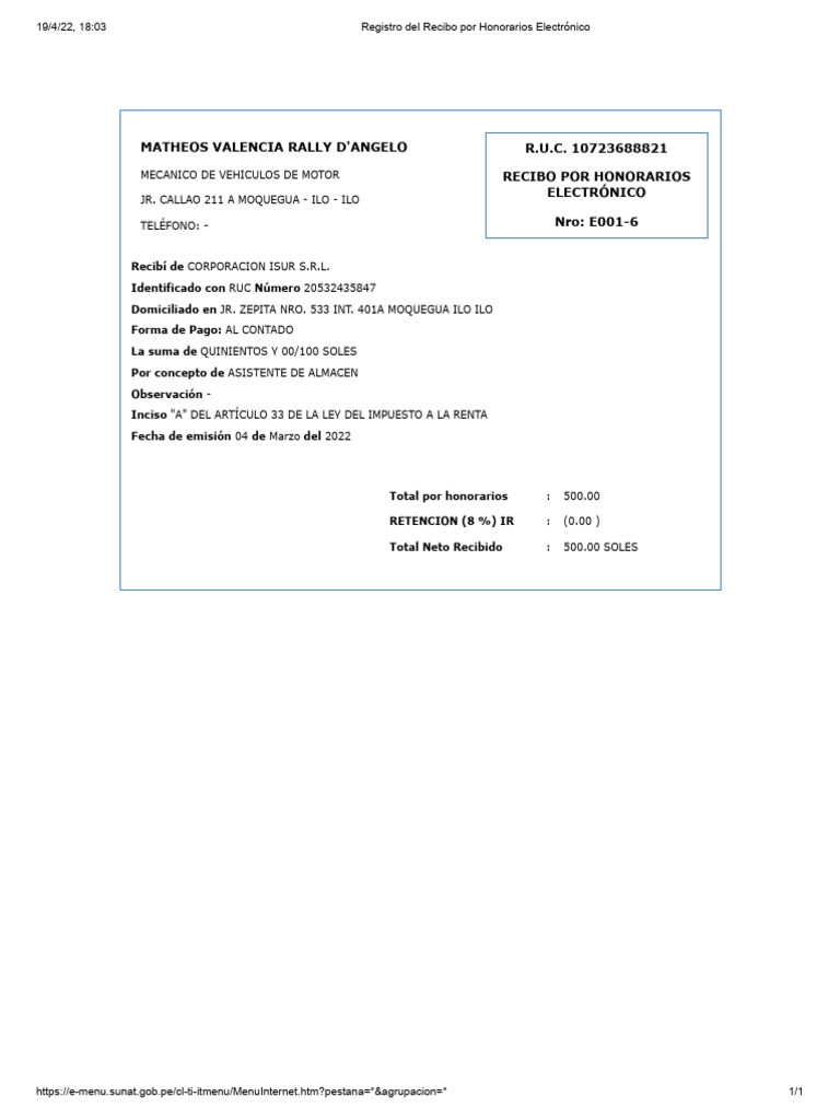 Recibo de Honorarios Corporación ISUR | PDF | Finanzas y dinero