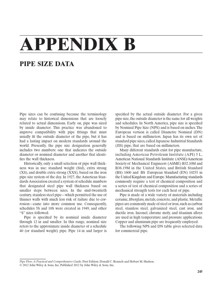 Pipe Flow - 2012 - Rennels - Appendix B Pipe Size Data | PDF | Pipe (Fluid Conveyance) | Plumbing