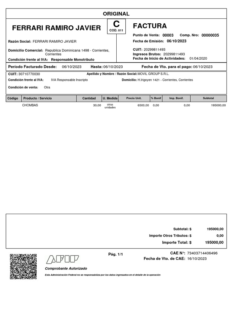 Ferrari Ramiro Javier Factura: Original | PDF
