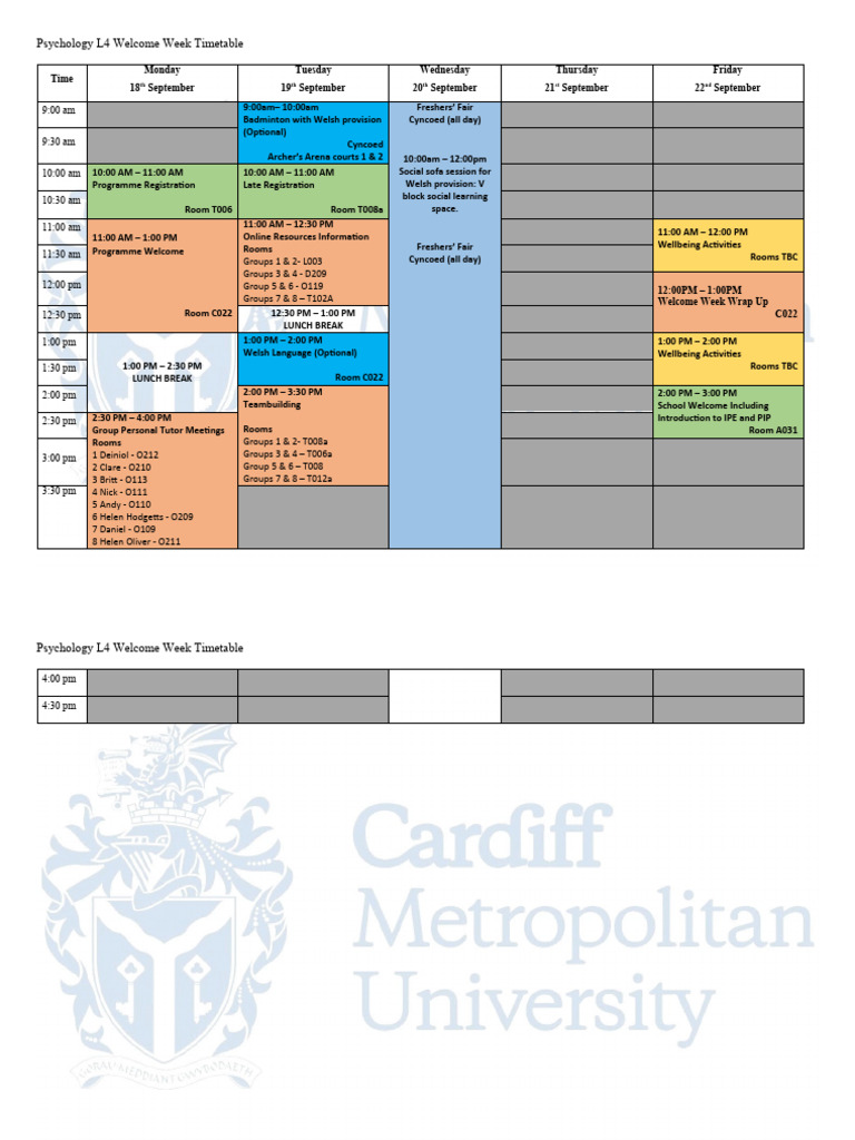 Psychology Level 4 WW Timetable | PDF