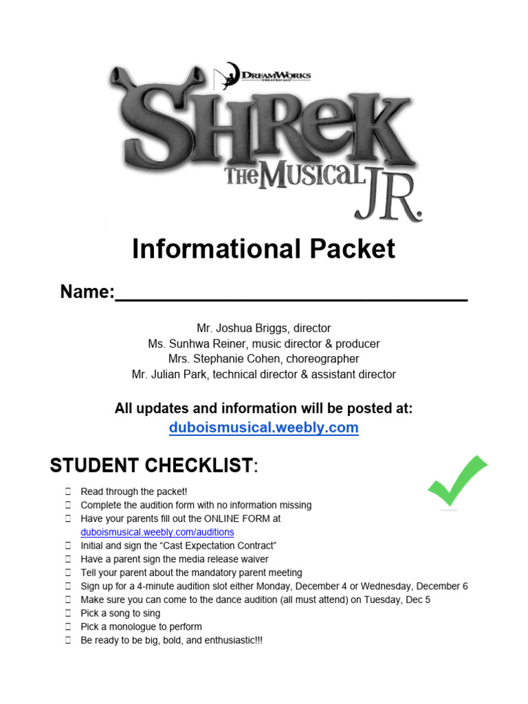 Informational Packet - Shrek JR Du Bois | PDF | Audition
