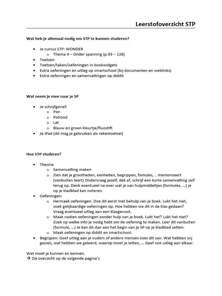 Leerstofoverzicht STP Pasen SWE | PDF