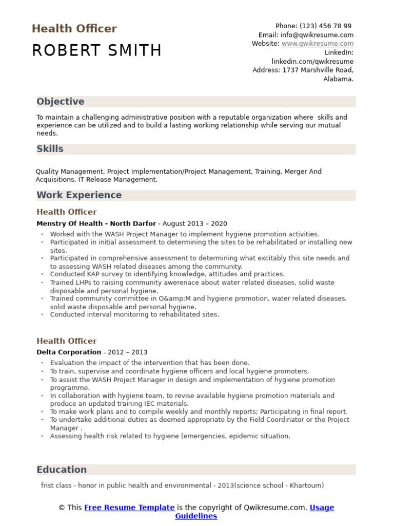 Health Officer Resume | PDF | Wash | Hygiene