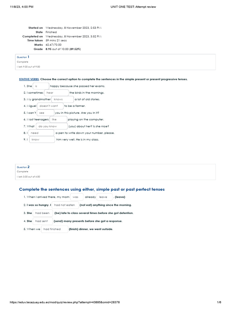UNIT ONE TEST - Attempt Review | PDF | Grammatical Tense | Linguistics