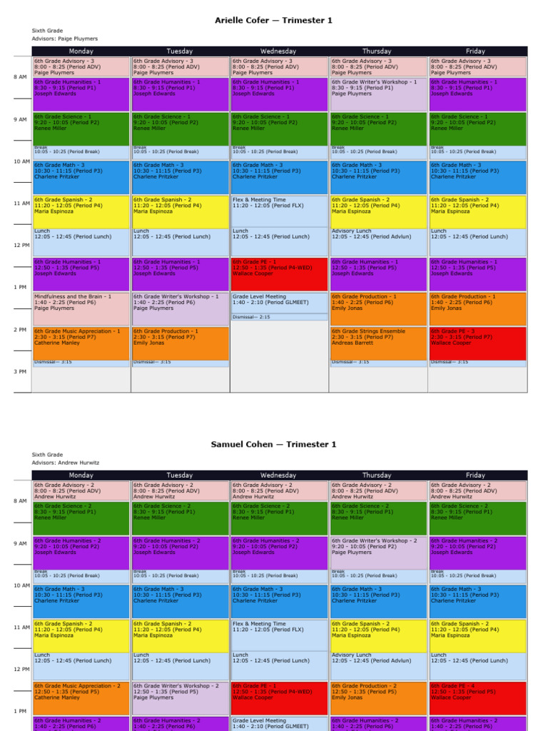 6th Grade Schedules | PDF | Schools | Educational Institutions