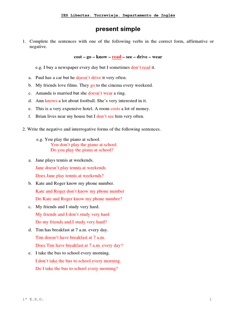 Presente Simple Ficha 1 Soluciones | PDF | Human Communication ...