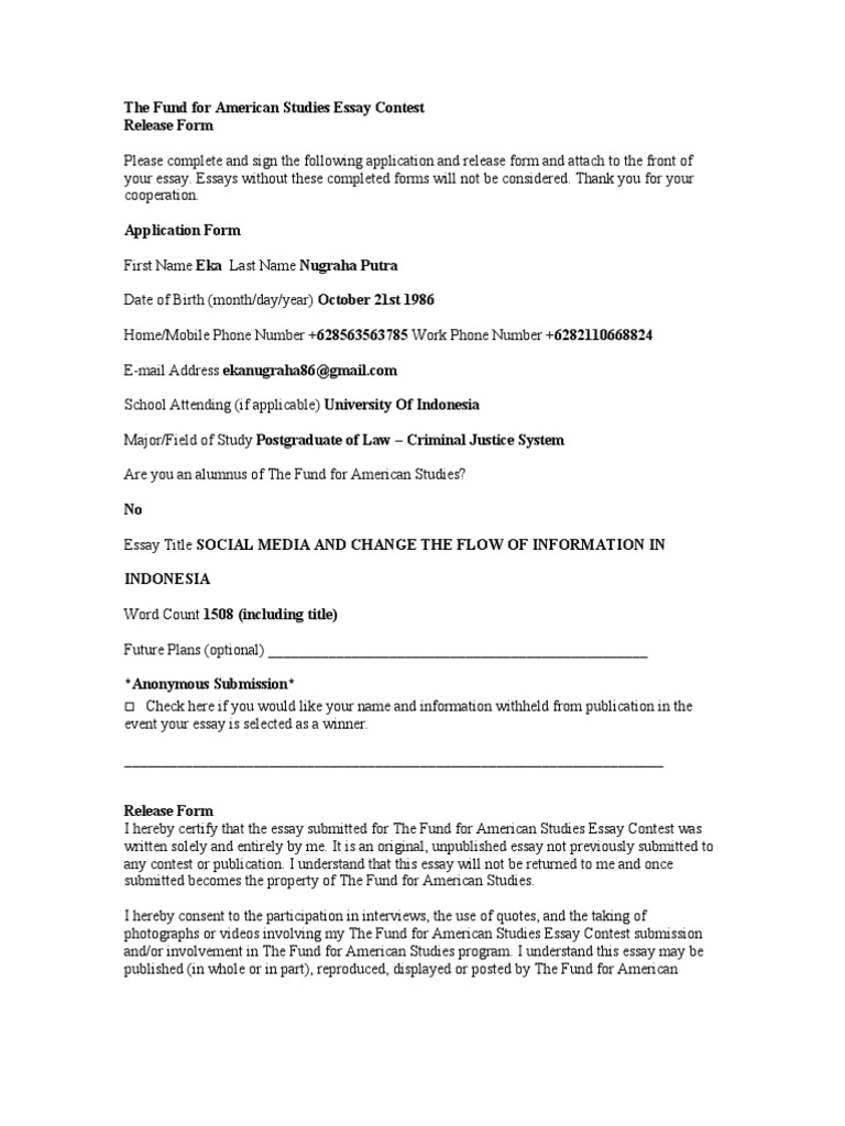 Fund for American Studies Essay Contest Form | PDF