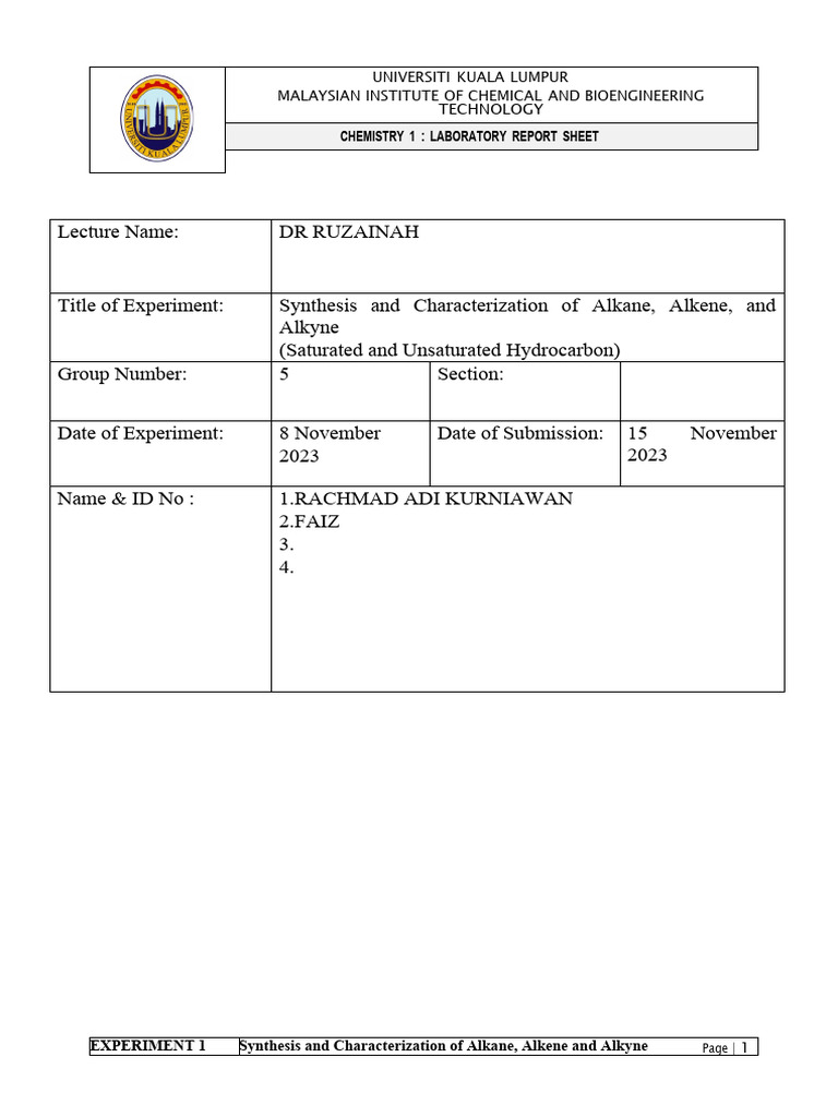 LAB REPORT SHEET - Exp 1 | PDF | Alkene | Hydrocarbons