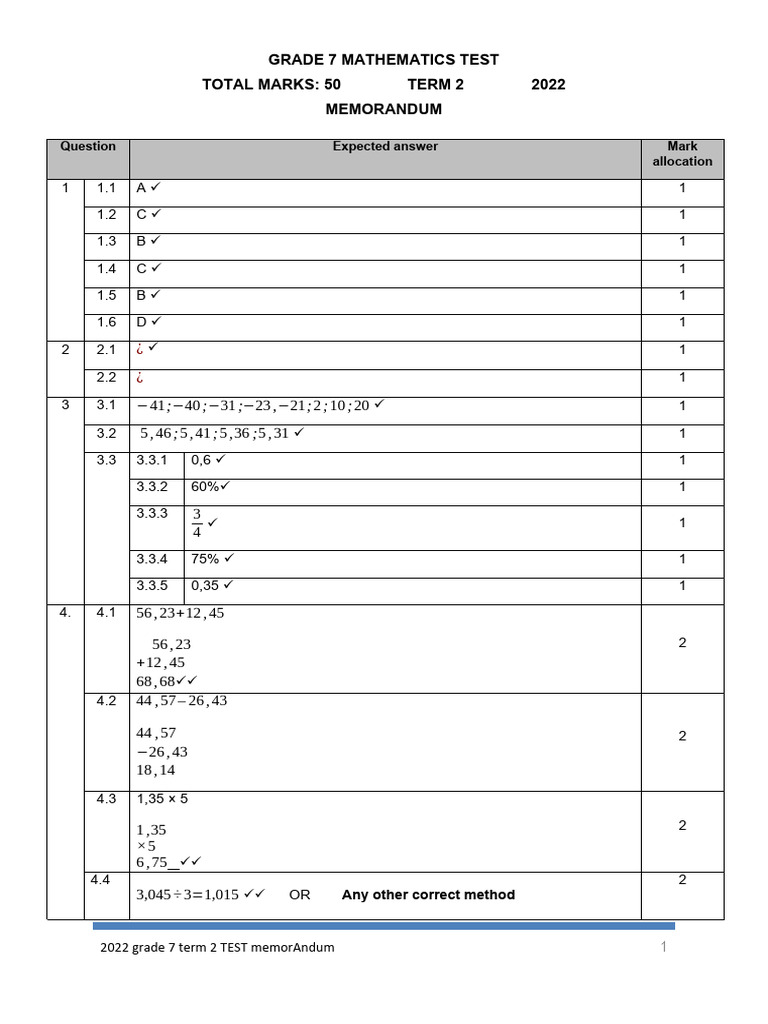 Memo Grade 7 Mathematics Test Term 2 2022 | PDF