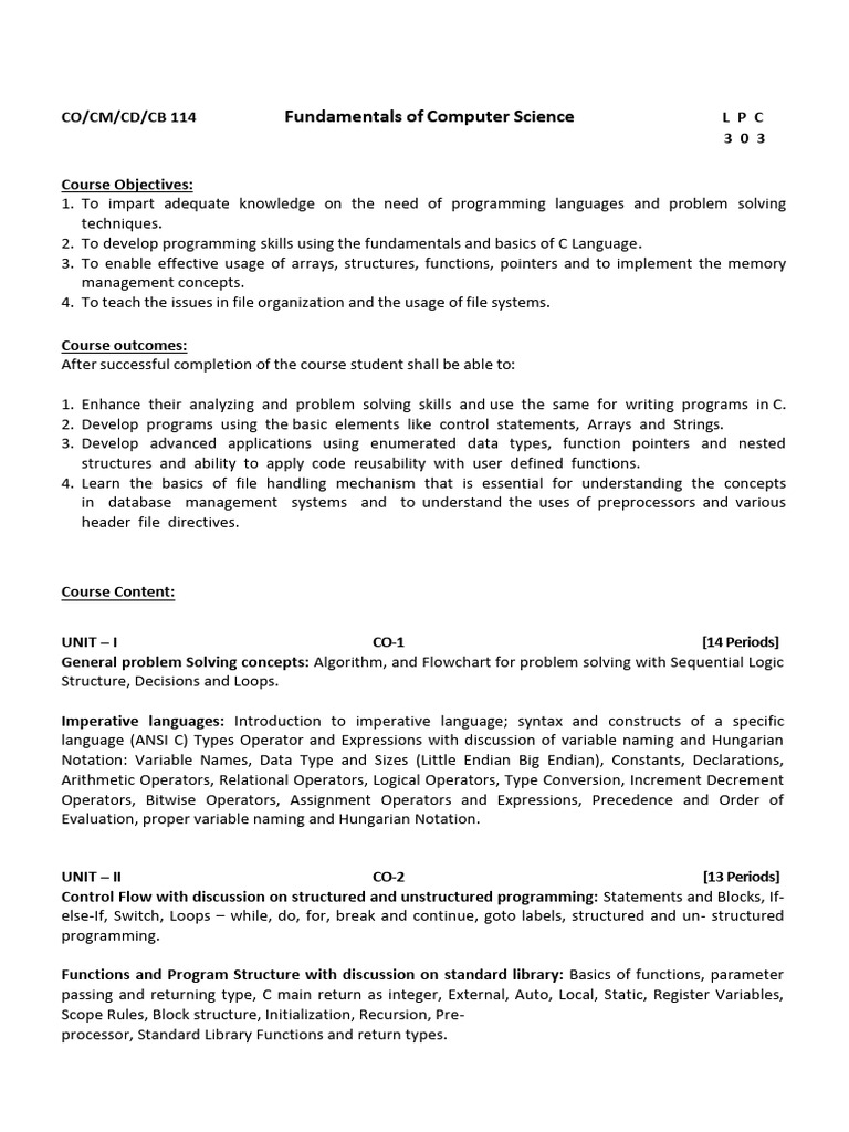 FCS Syllabus | Download Free PDF | Pointer (Computer Programming) | C (Programming Language)