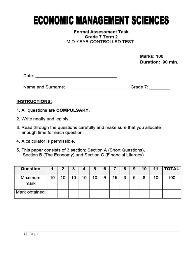 EMS Term 2 Controlled Test 1 | PDF | Money | Expense