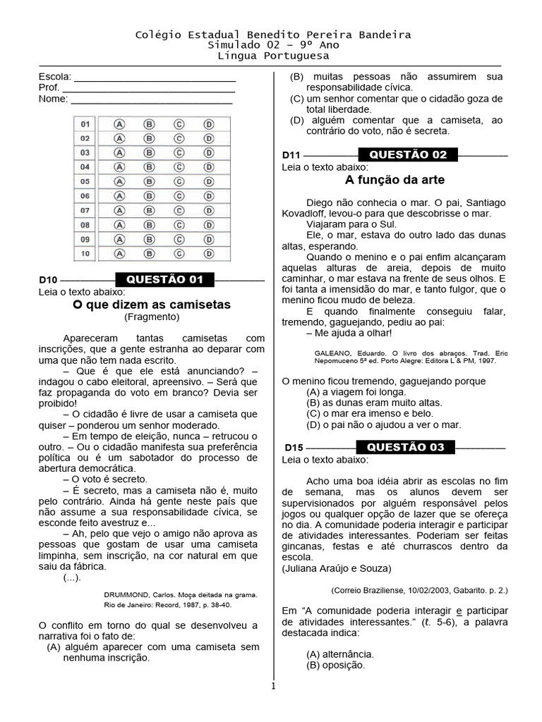 Simulado 2 (Port. 9º Ano - Blog Do Prof. Warles) | PDF | Beleza