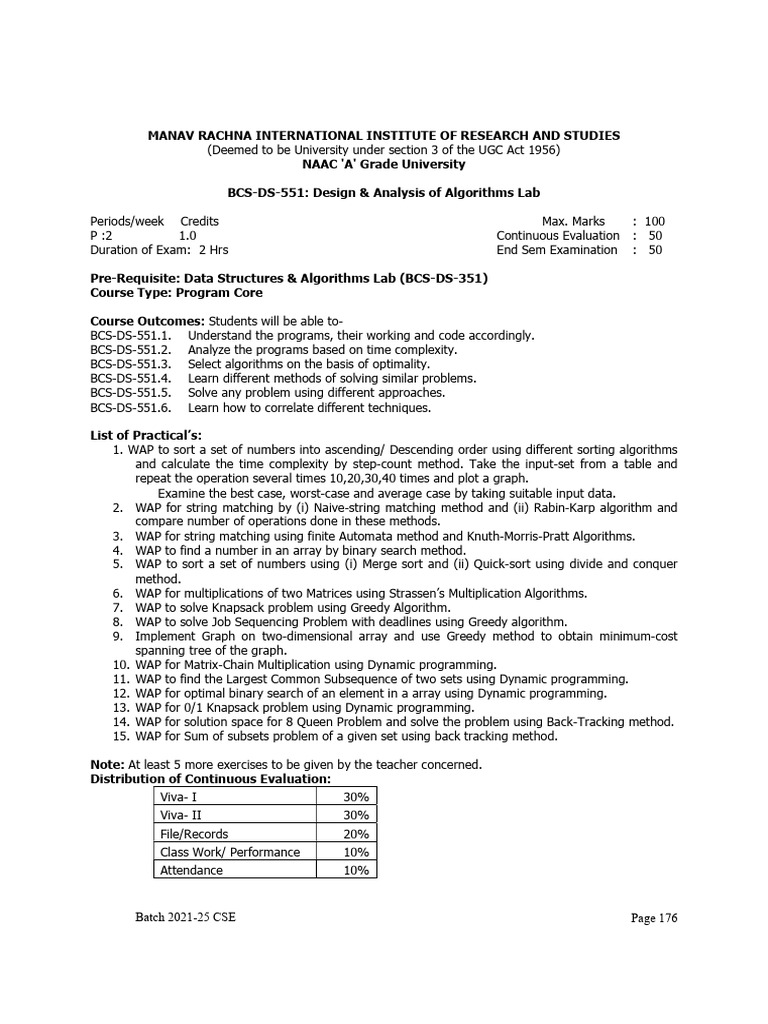 DAA Lab Syllabus | PDF | Dynamic Programming | Algorithms